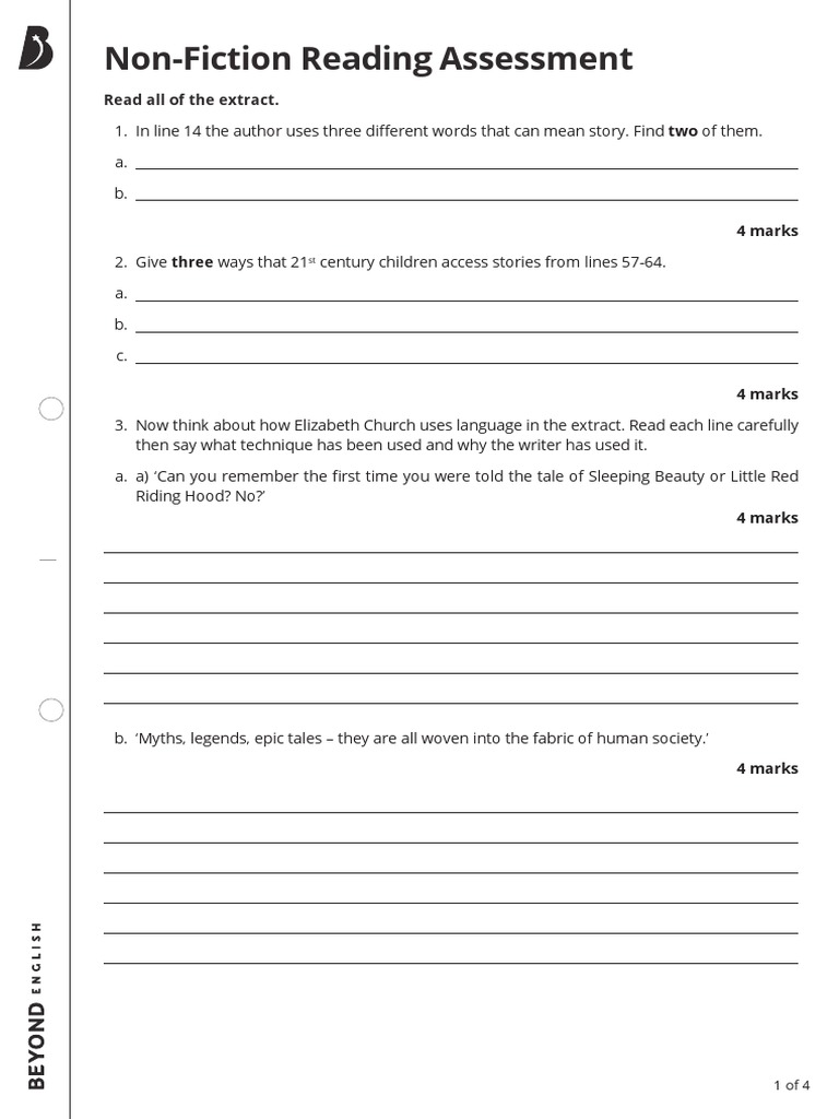 Non Fiction Reading Assessment Questions | PDF | Children's Literature