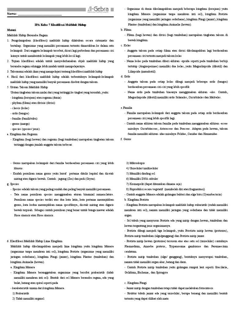 IPA K7 Klasifikasi Makhluk Hidup - Talsonomi | PDF