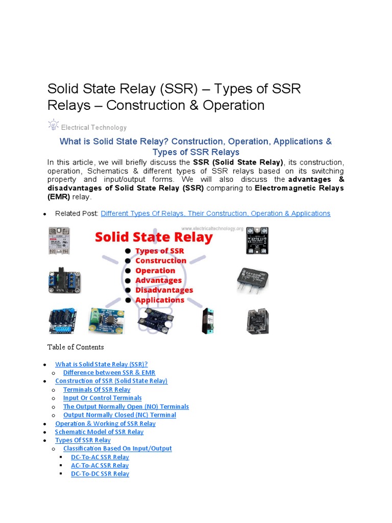 Solid State Relay (SSR) - Types of SSR Relays - Construction & Operation | PDF | Relay | Switch
