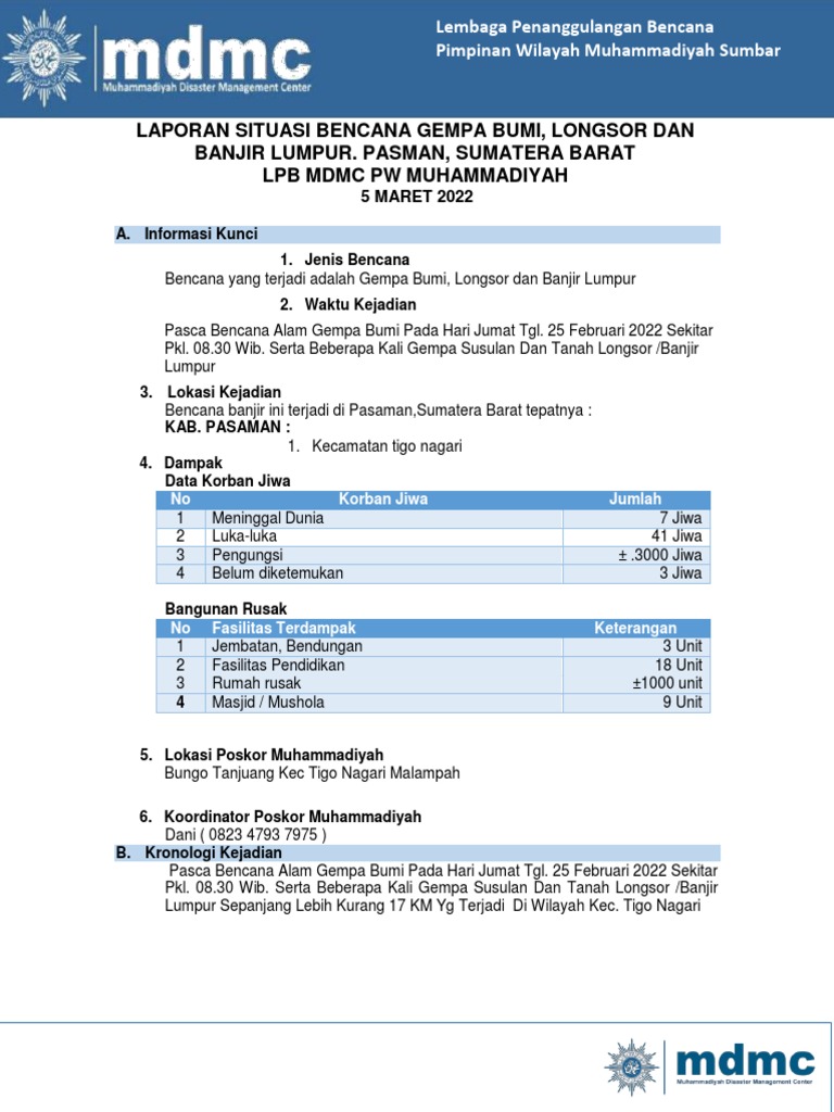 Sitrep Pasaman Gempa Bumi Banjir Dan Longsor 5 Maret 2022 | PDF