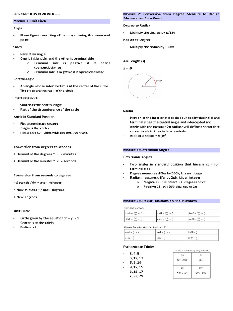 Pre Cal Reviewer | PDF | Trigonometric Functions | Angle Pre Cal Reviewer | PDF | Trigonometric Functions | Angle