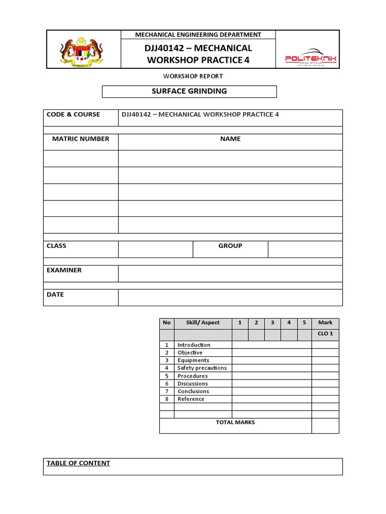FORMAT REPORT Surface Grinding DJJ40142 | PDF | Engineering