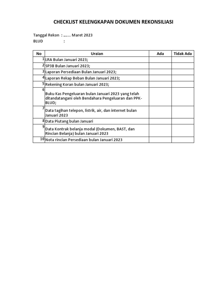 Checklist Rekon Data BLUD Maret 2023 | PDF | Teknologi & Rekayasa