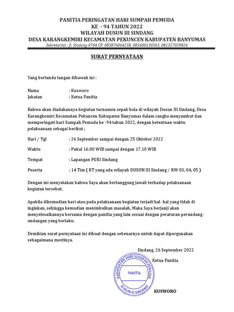 Surat Pernyataan Panitia Turnamen Sepak Bola | PDF