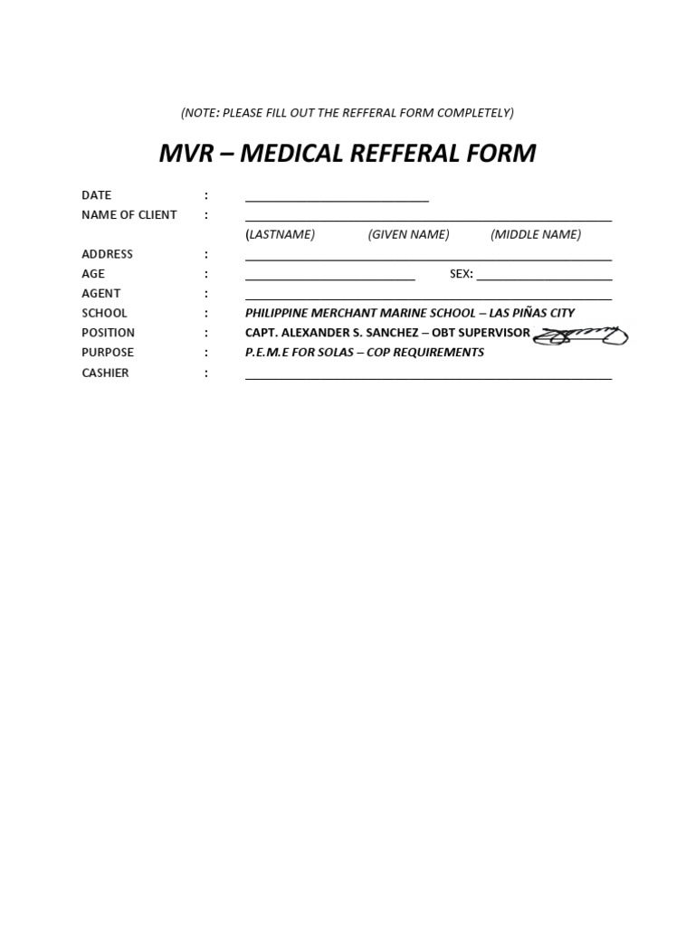 MVR - Medical Refferal Form: (Note: Please Fill Out The Refferal Form ...