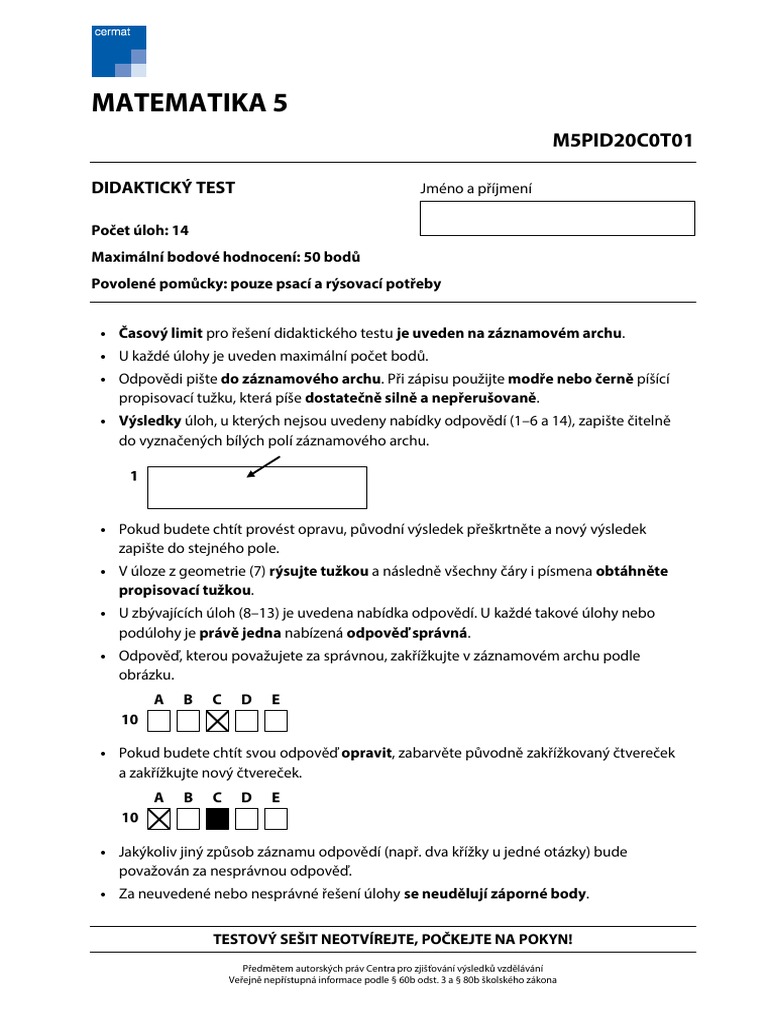M5PID20C0T01 Ilustracni Test 2020 5 Testovy Sesit | PDF