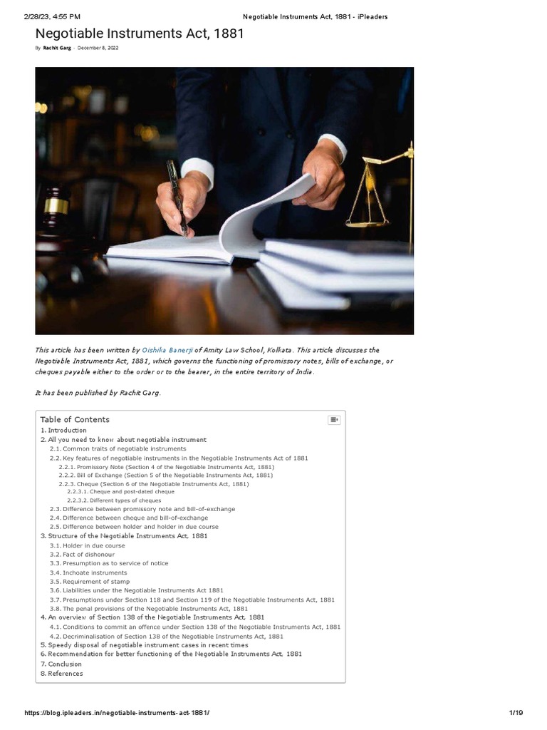 Negotiable Instruments Act, 1881 - IPleaders | PDF | Negotiable Instrument | Cheque