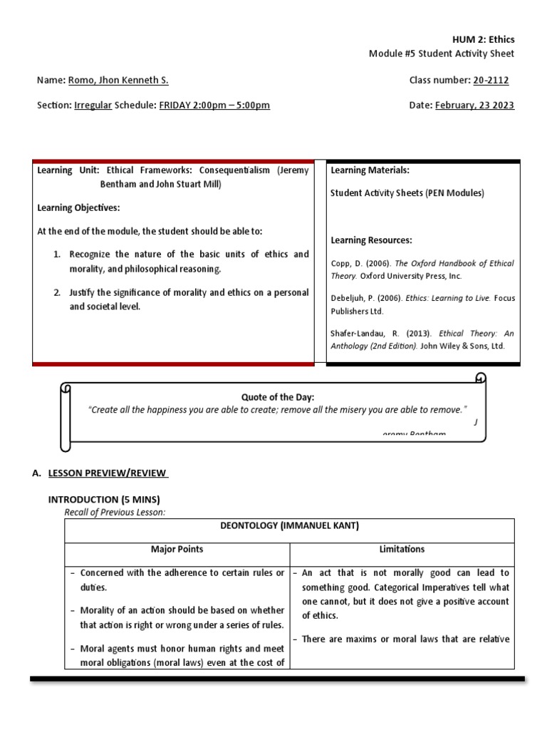 Act5 - Ethical Frameworks (Consequentialism) | PDF | Utilitarianism | Pleasure