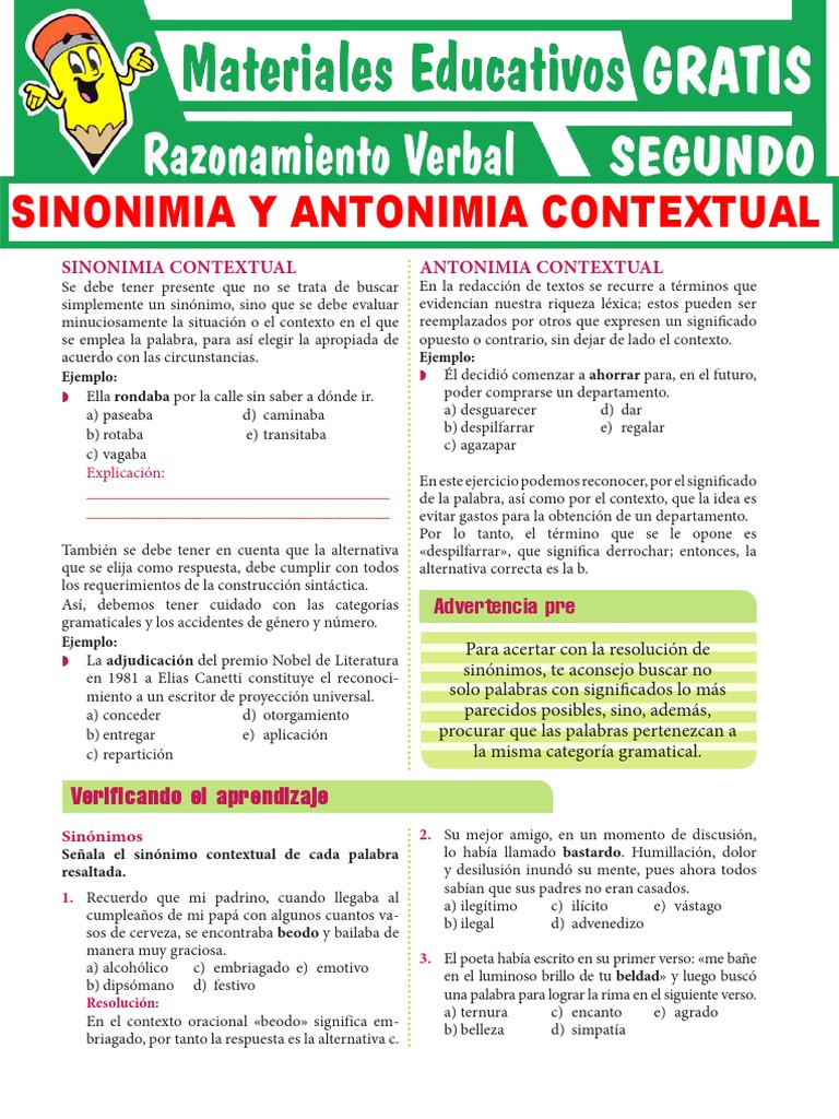 Sinónimos y Antónimos para Segundo Grado de Secundaria | PDF | Comunicación humana | Gramática