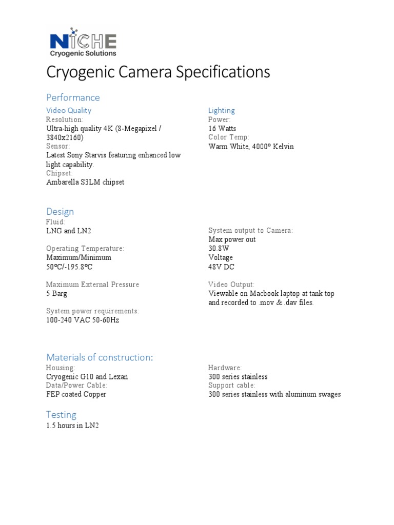 Cryogenic Camera Specs and Performance | PDF