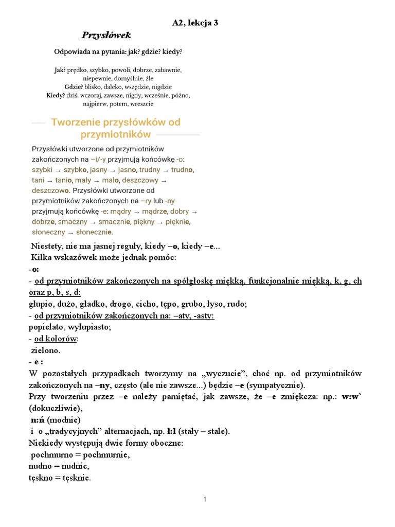 A2, Lekcja 3 Przysłówek | PDF