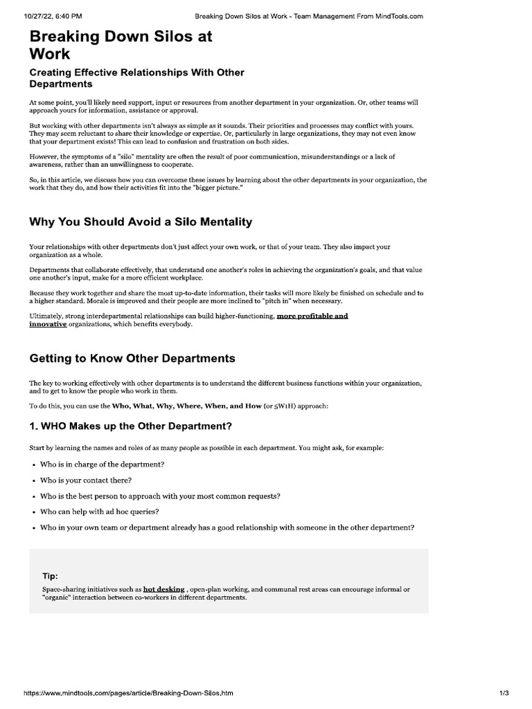 MindTools - Breaking Down Silos | PDF