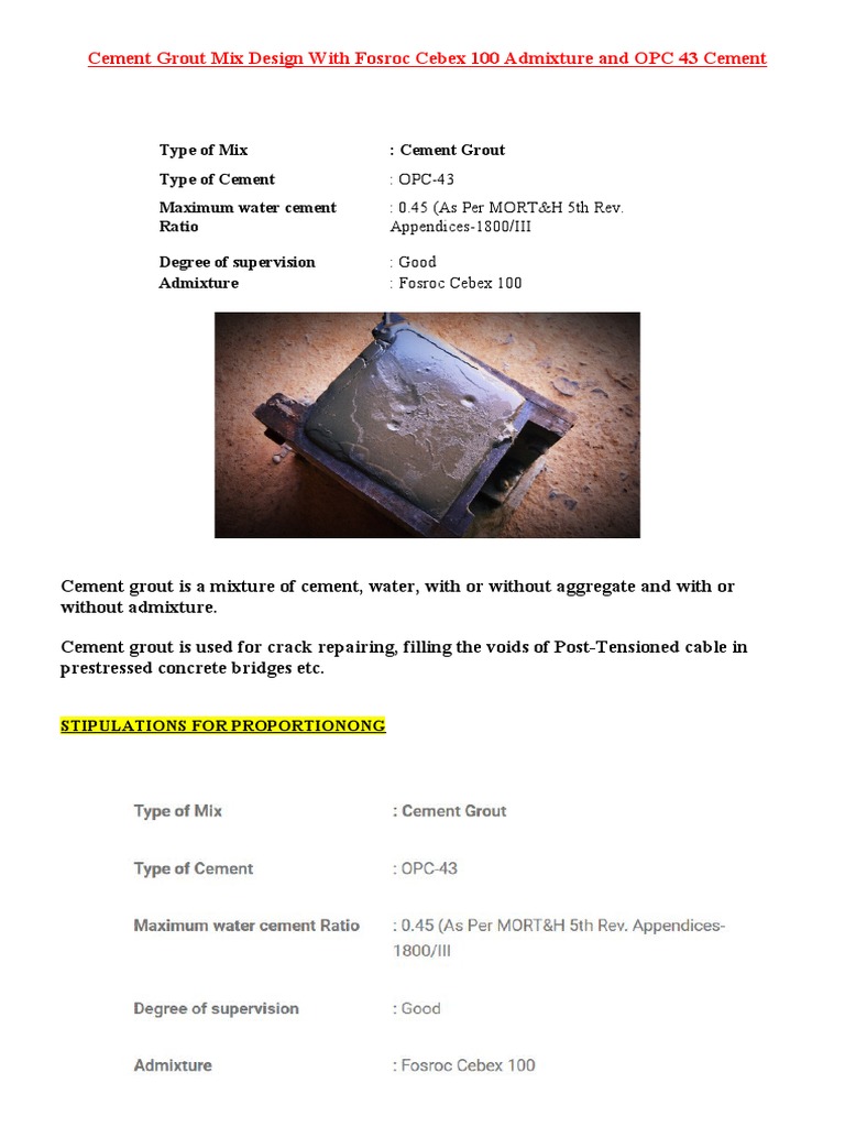 Cement Grout Mix with Cebex 100 | PDF | Concrete | Cement
