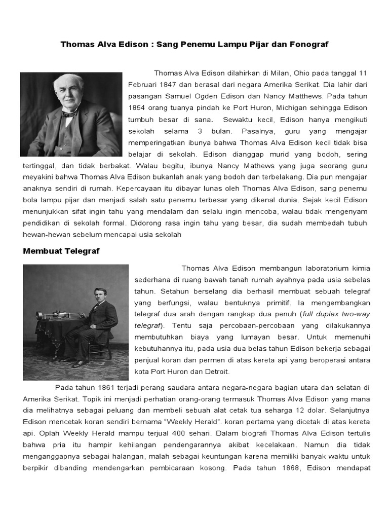 Biografi Thomas Alva Edison: Penemu Lampu | PDF