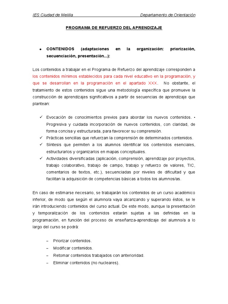 Modelo - Programa de Refuerzo Del Aprendizaje | PDF