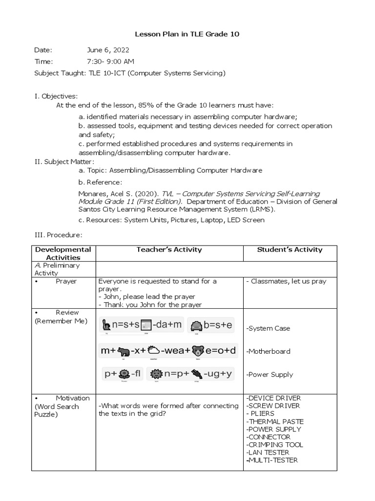 Grade 10 TLE ICT Lesson Plan | PDF | Computer Hardware | Booting