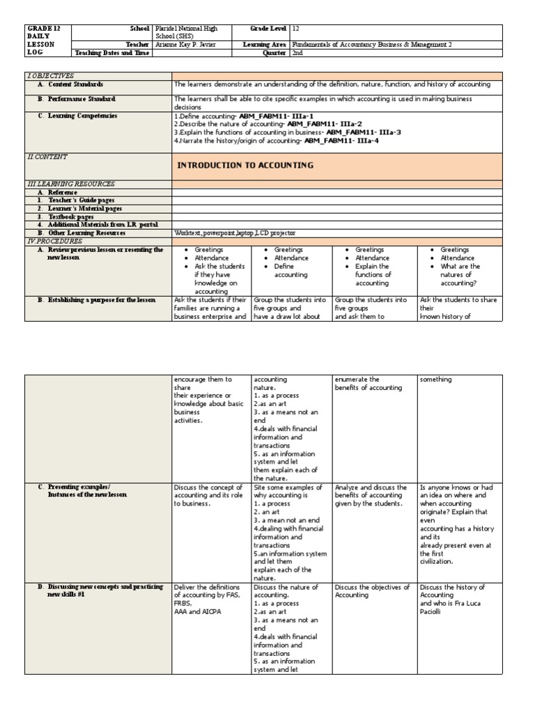Grade 12 Accounting Lesson Plan | PDF | Information | Accounting