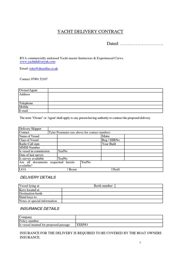 Yacht Delivery Contract | PDF | Insurance | Sea Captain