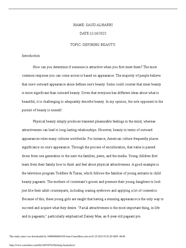 Defining Beauty Critical Essay | PDF | Beauty | Metaphysics Of Mind