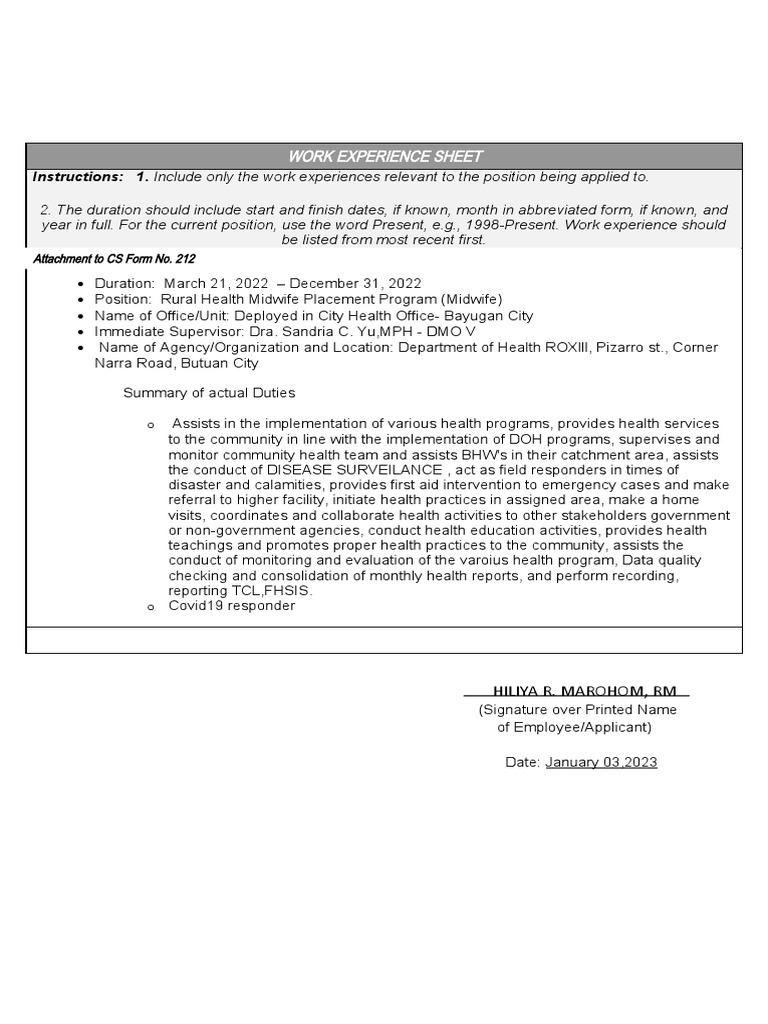 CS Form No. 212 Attachment Work Experience Sheet 1 1 | PDF | Public Services | Social Programs