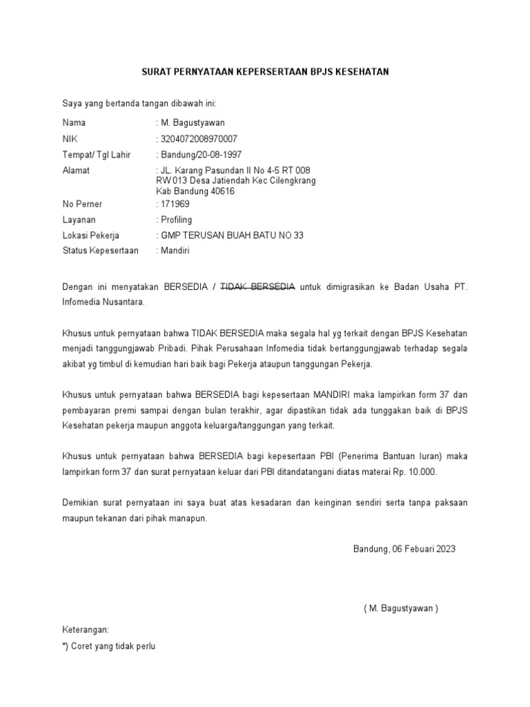 Surat Pernyataan Kepersertaan BPJS Kesehatan | PDF