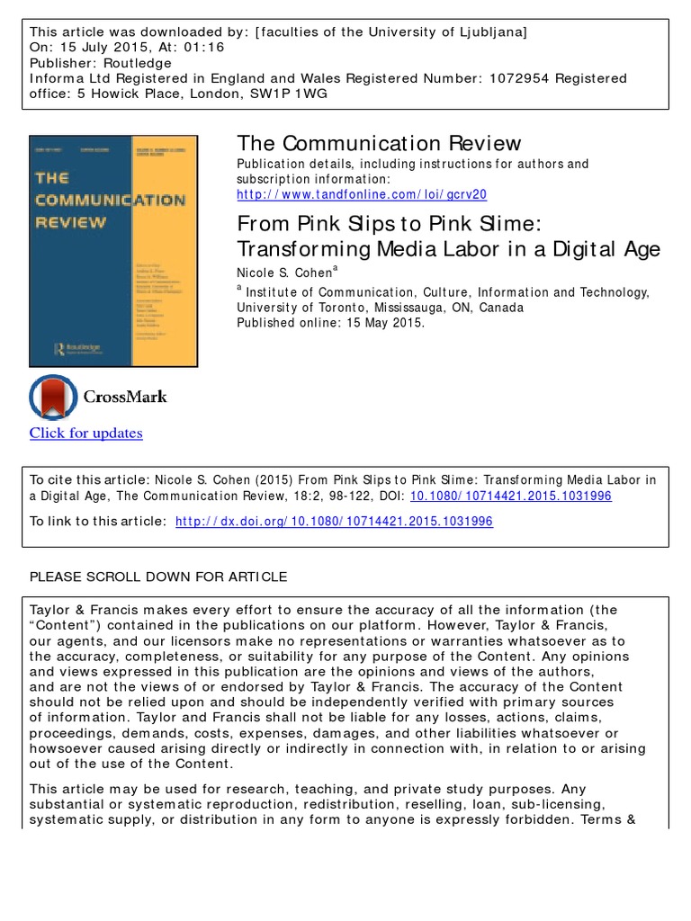 From Pink Slips To Pink Slime: Transforming Media Labor in A Digital ...
