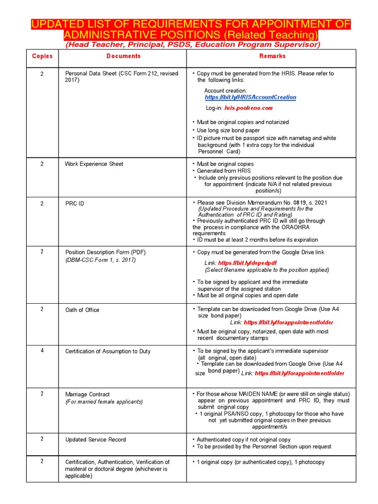 Updated Requirements and Instructions for Appointment to Administrative Positions in the Davao ...