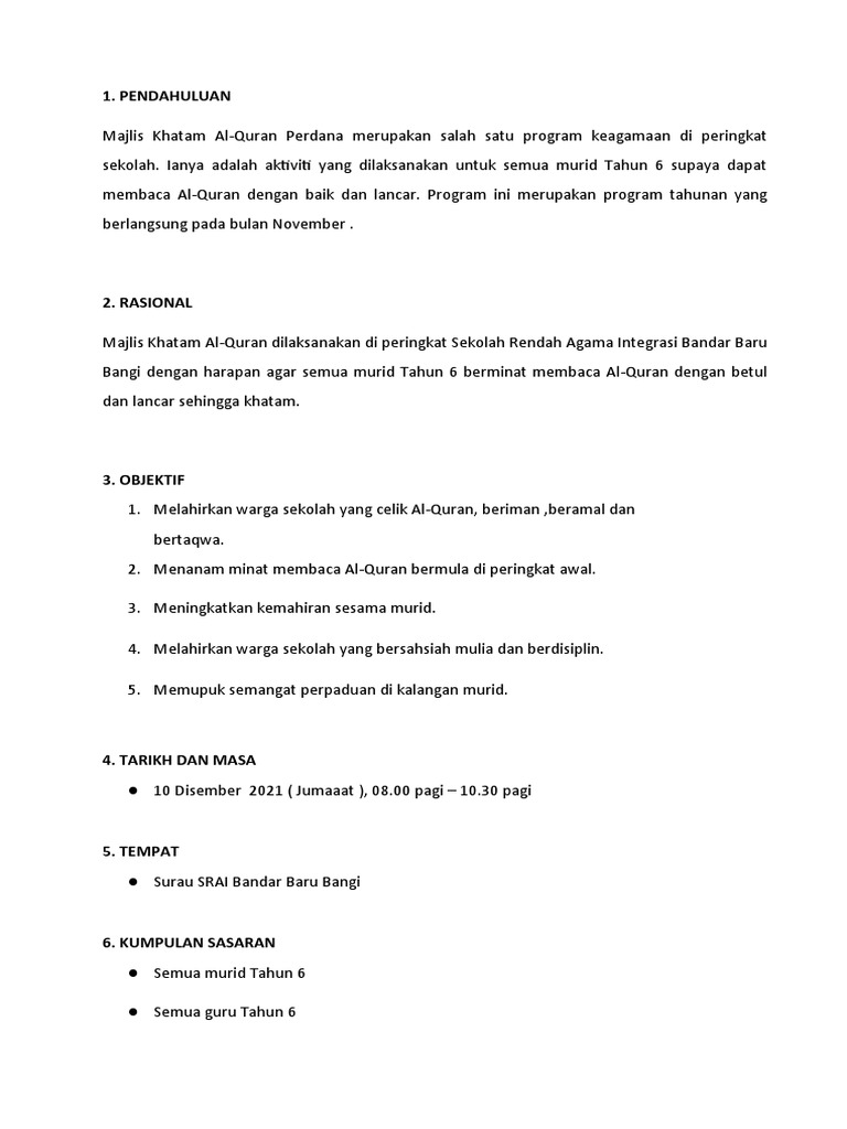 Kertas Kerja Program Khatam Al-Quran 2021 | PDF