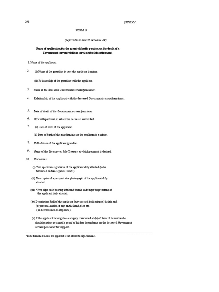 Form 17 Form of The Application For The Grant of Family Pension On The ...