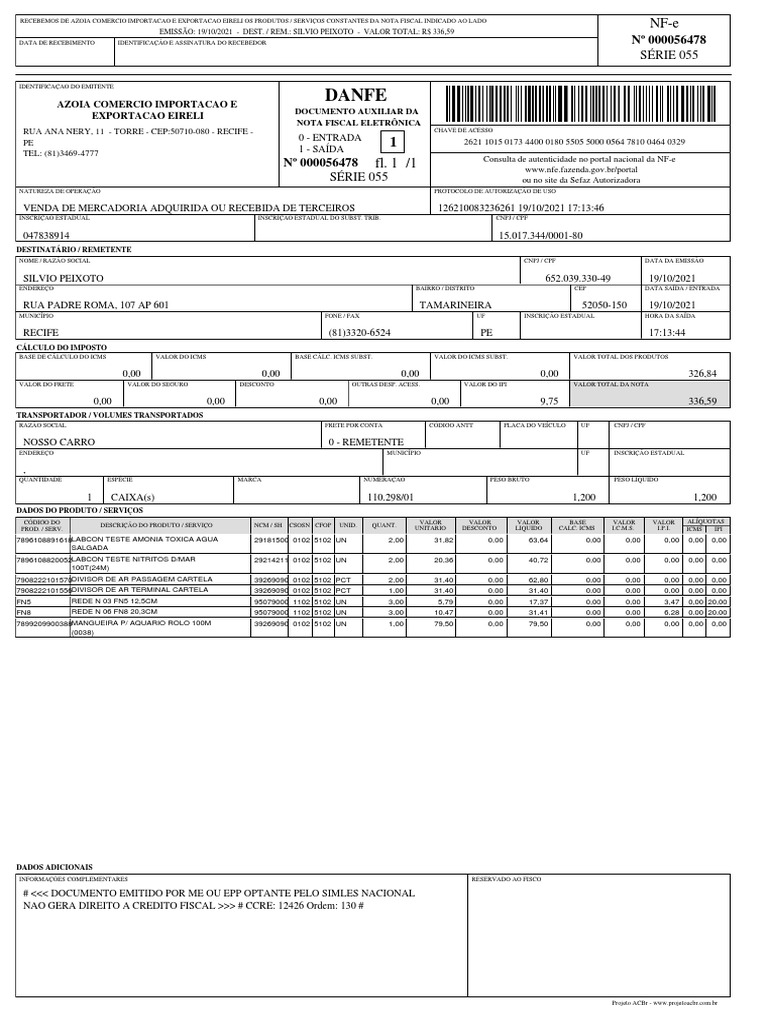 Danfe: SÉRIE 055 | PDF | Recibo | Documento