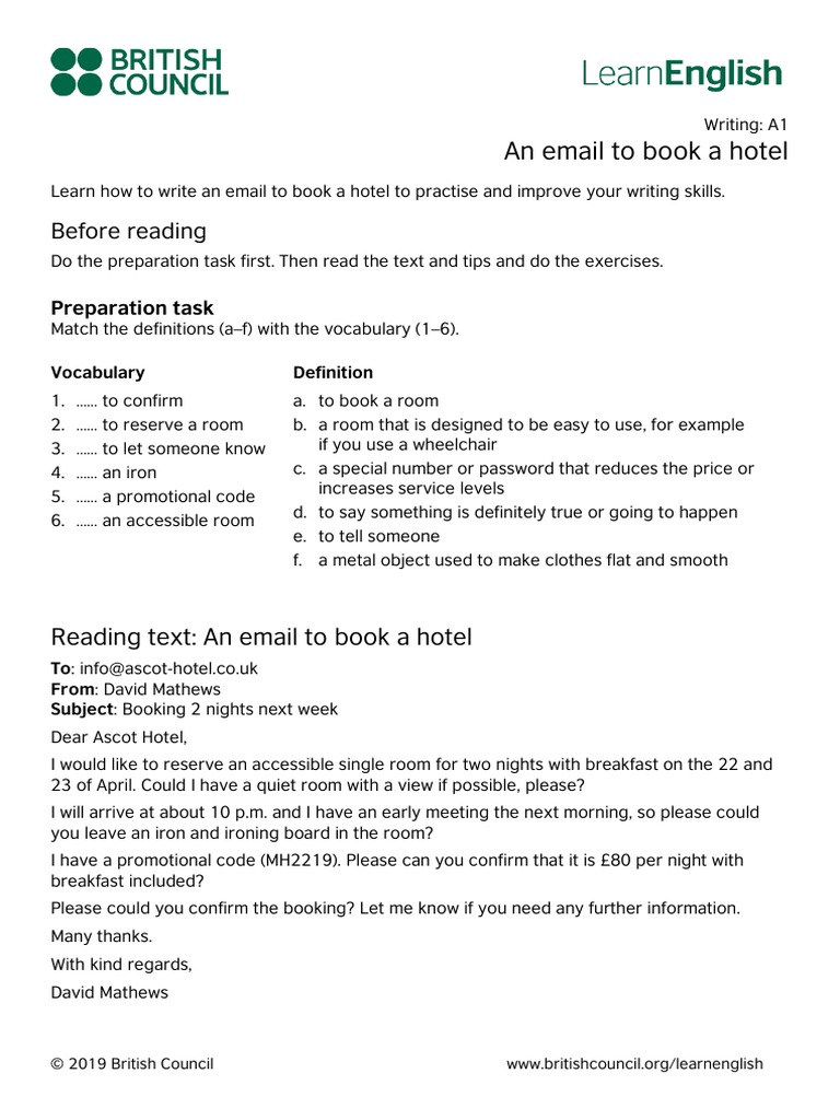 LearnEnglish Writing A1 An Email To Book A Hotel | PDF