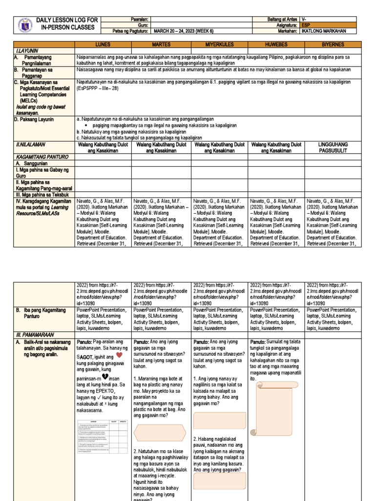 G5 Q3W6 DLL ESP (MELCs) | PDF