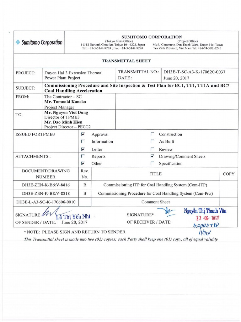 Transmittal of Revised Commissioning Procedure and Site Inspection ...