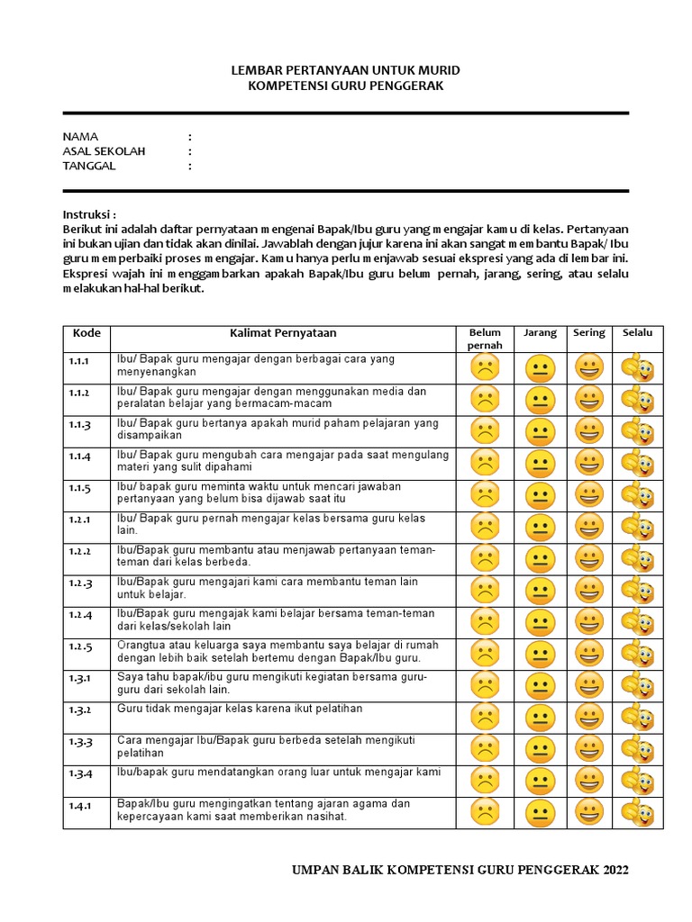 Lembar Kuisioner Murid SD III - VI - A5 FINAL 150522 | PDF