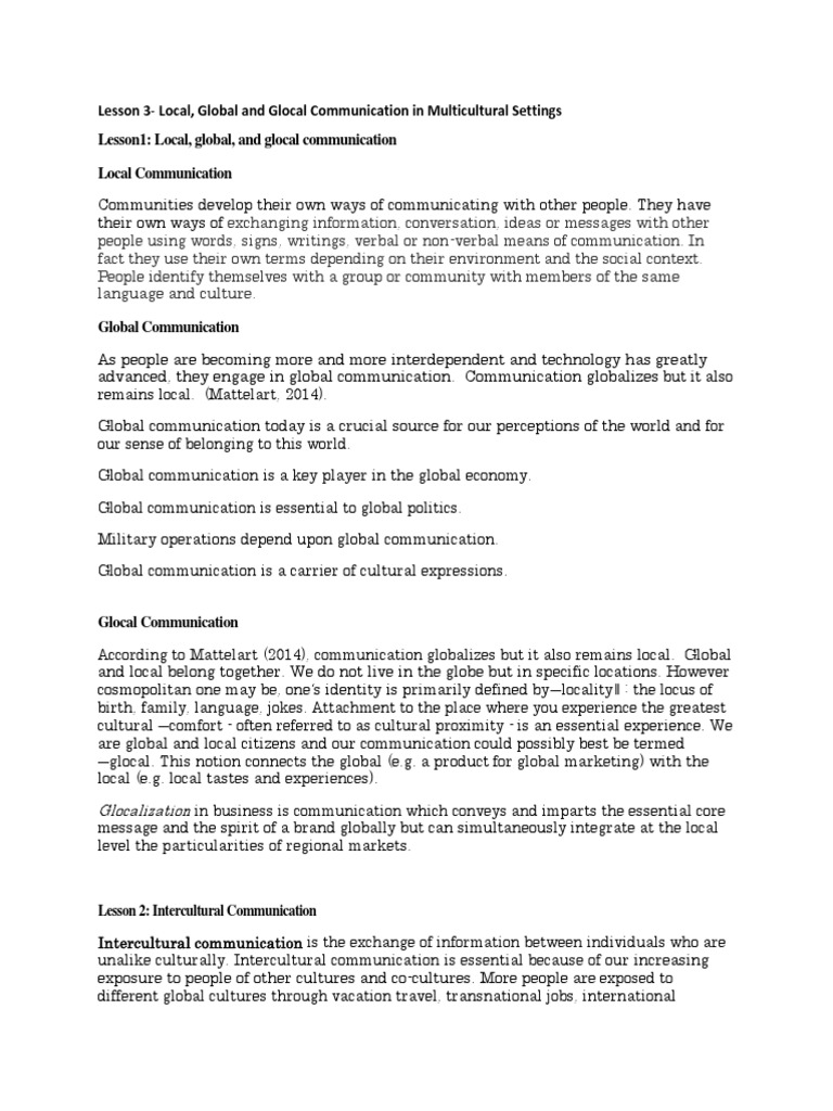 Lesson 3 Local, Global and Glocal Communication in Multicultural Settings | PDF | Communication ...