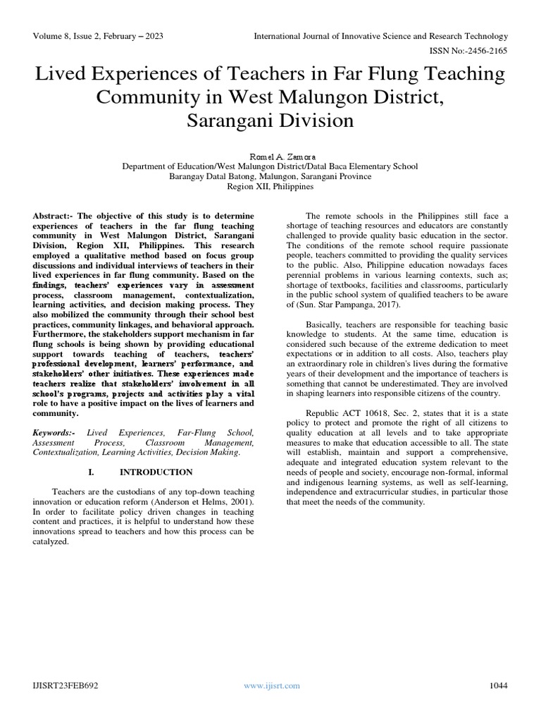 Lived Experiences of Teachers in Far Flung Teaching Community in West Malungon District ...