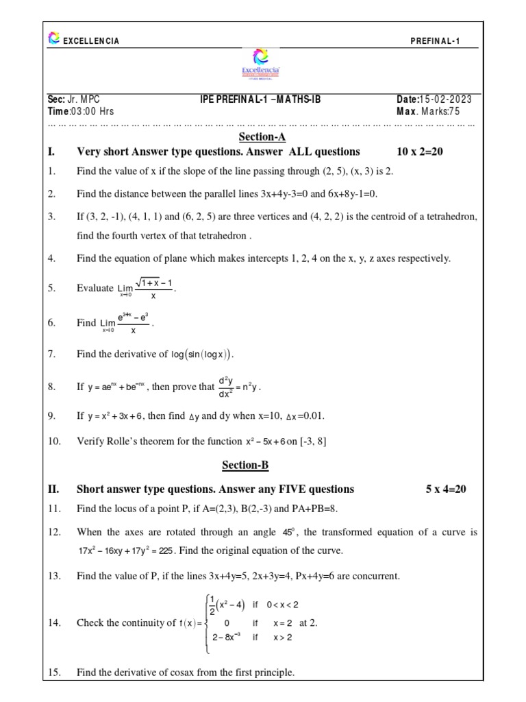 15-02-23 - JR - Maths 1B - Ipe Q | PDF | Triangle | Area