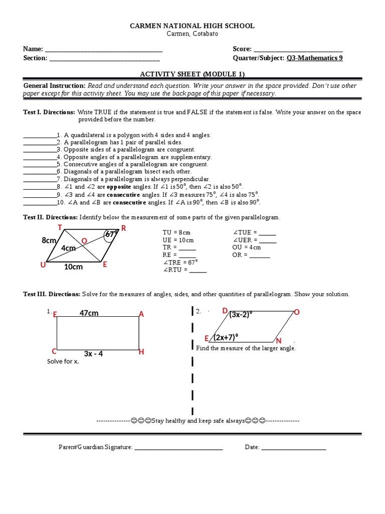 Math Activity Sheet for Parallelograms | PDF | Geometric Shapes ...