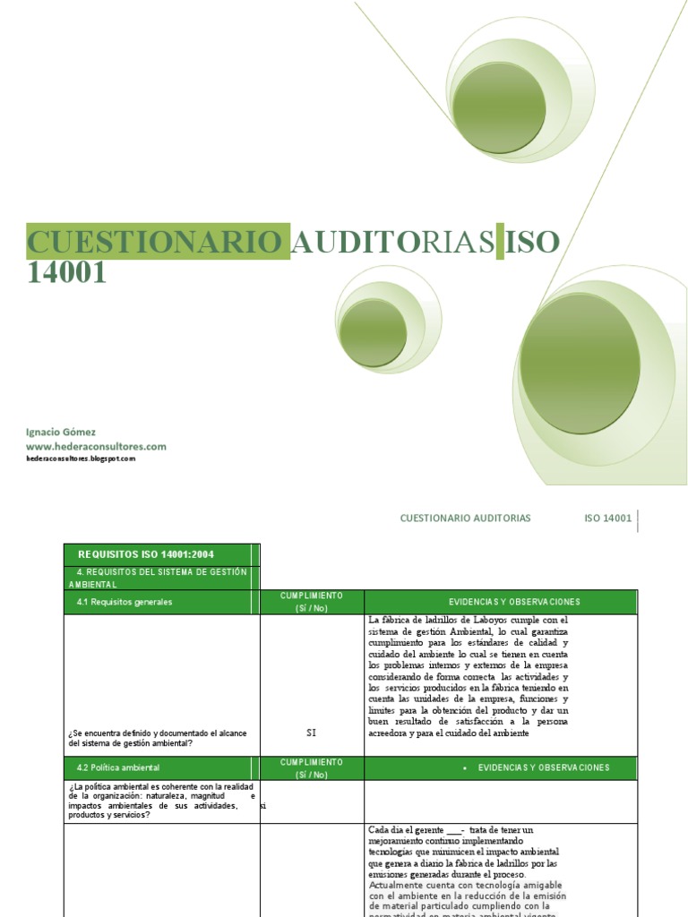 Check List Cuestionario Auditoria ISO 14001-1 | PDF | Auditoría | Calidad (comercial)