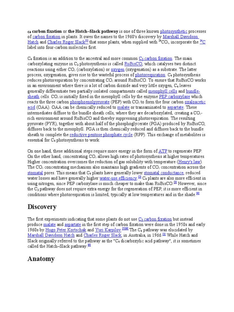 The Hatch-Slack Pathway: An Explanation of C4 Carbon Fixation in Plants ...
