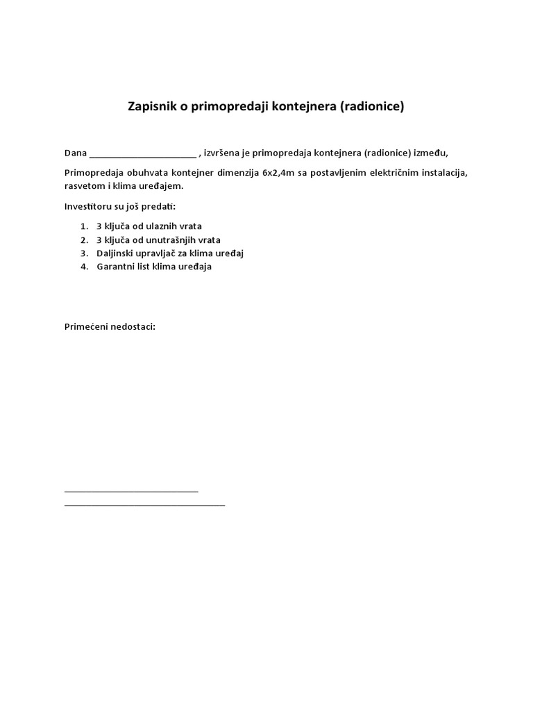 Zapisnik o Primopredaji Kontejnera | PDF