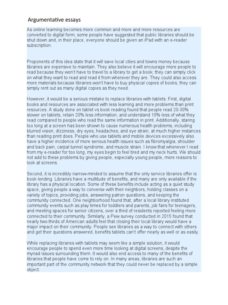 Argumentative Essay Sample | PDF | Libraries | Books