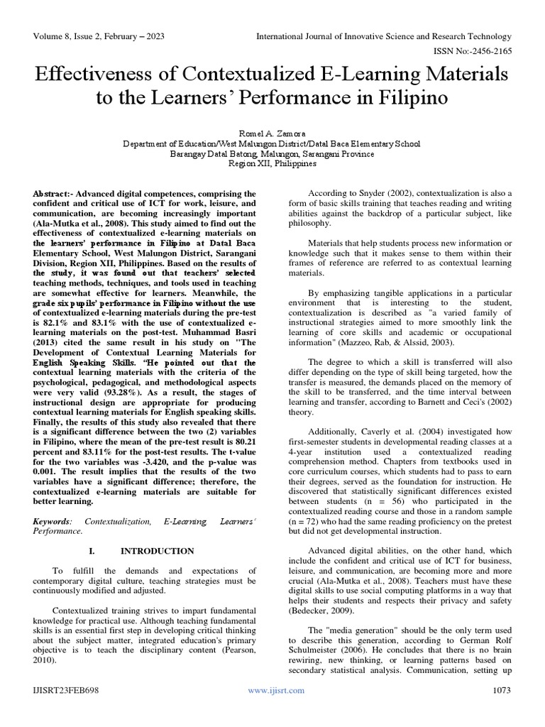 Effectiveness of Contextualized E-Learning Materials To The Learners' Performance in Filipino ...