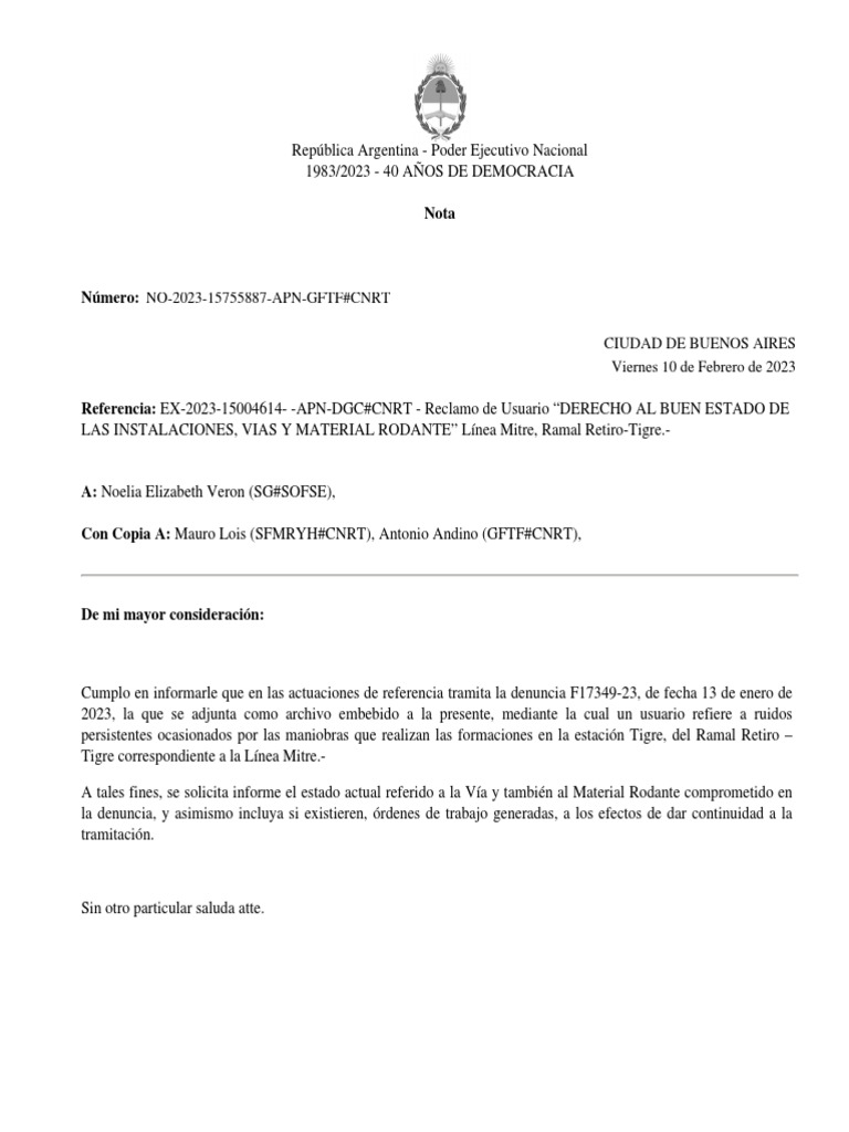 NO-2023-15755887-APN-GFTF%CNRT (No Se Carga - Pide Información) | PDF