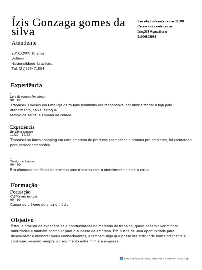Currículo de Izis Gonzaga Gomes da Silva buscando oportunidades para ...