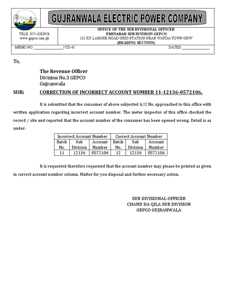 Correction of Incorrect Account Number 11-12136-0572106 | PDF