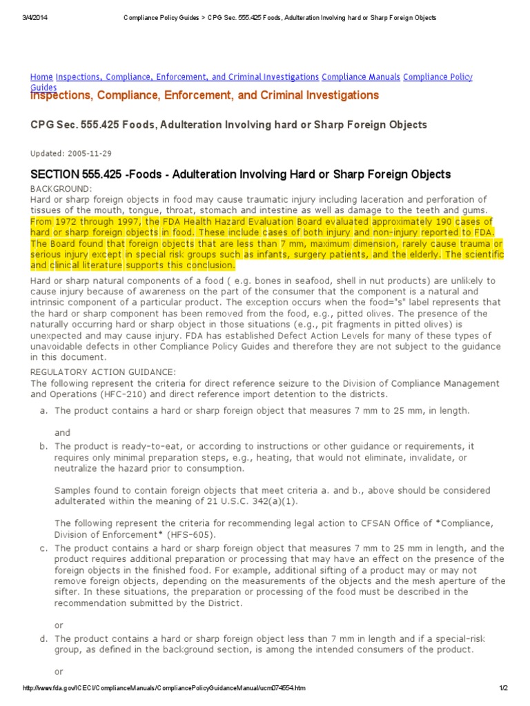 FDA Compliance Policy Guides CPG Sec. 555 | PDF | Injury | Food And ...