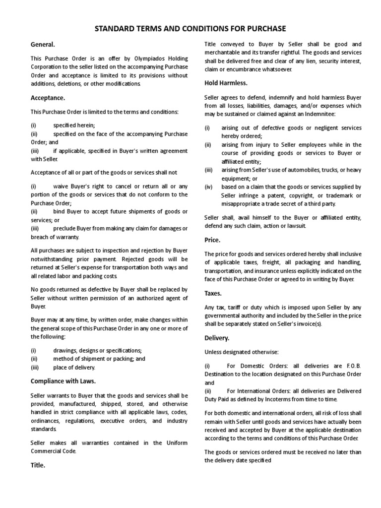 Standard Terms and Conditions For Purchase (Finishing Material) | PDF ...