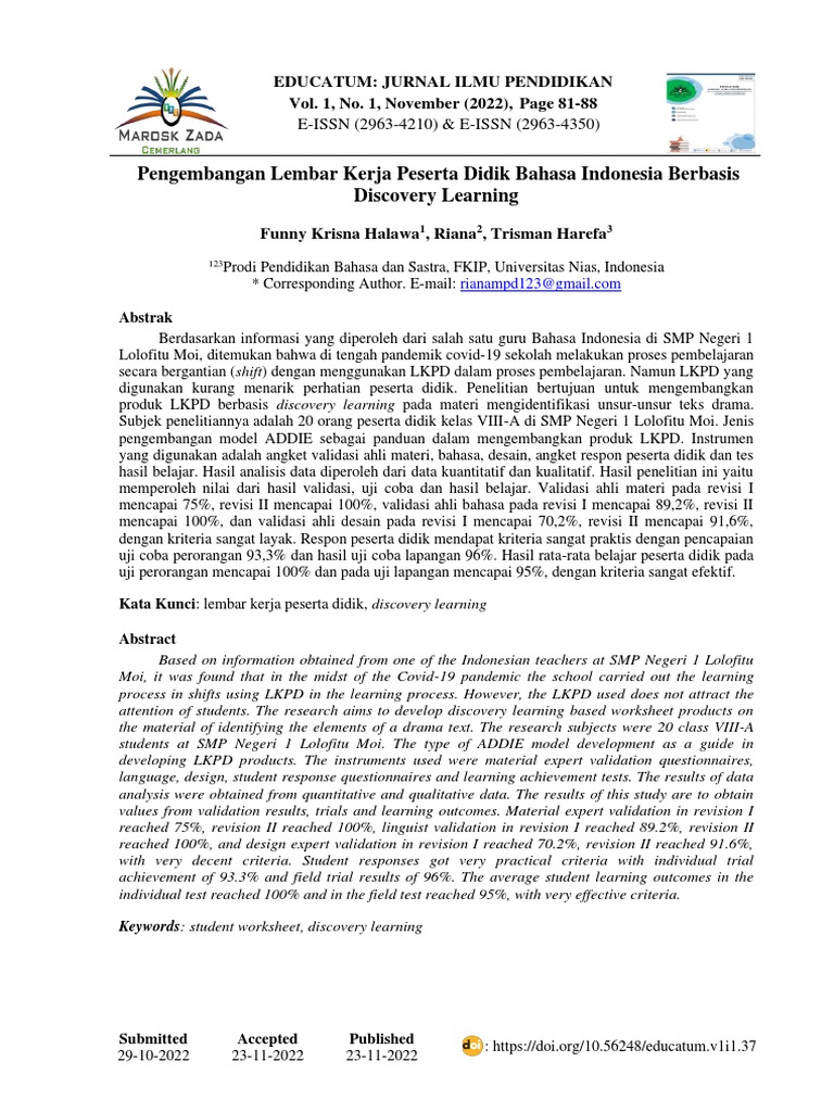 Pengembangan Lembar Kerja Peserta Didik Bahasa Indonesia Berbasis Discovery Learning | PDF ...
