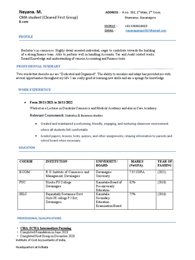 Resume of Nayana M: CMA Student Seeking an Accounting Position | PDF | Behavior Modification ...